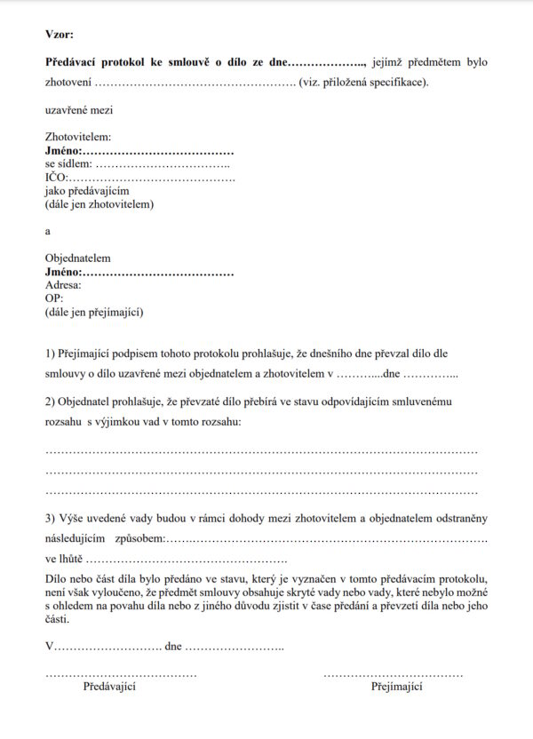 Předávací protokol Vzor 2025 ke stažení: Bytu, Stavby, Díla